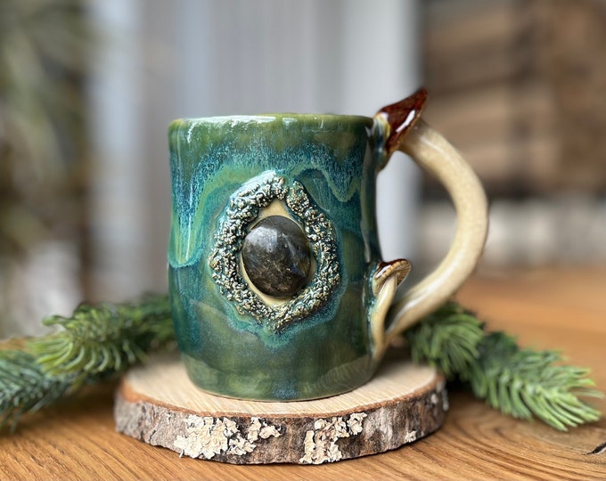 Crystal Mug With Labradorite, Mushroom Mug With Quartz, Stoneware ...