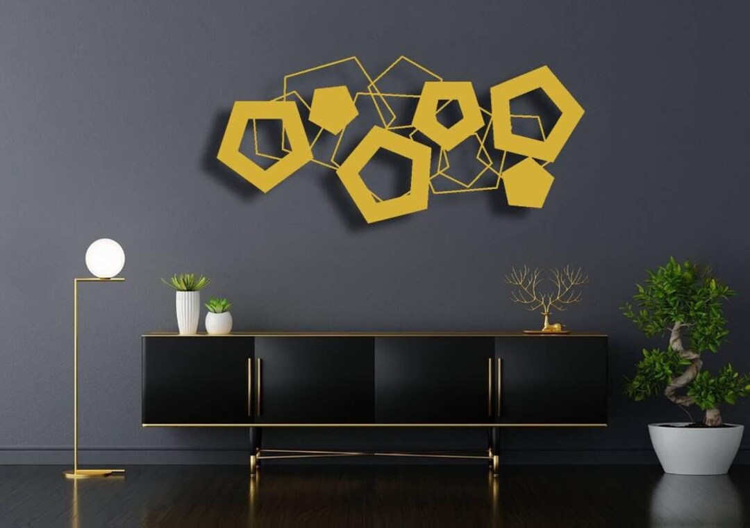 Pentagon Metal Wall Art: Geometric Line Sculpture, Indoor Outdoor Decor ...