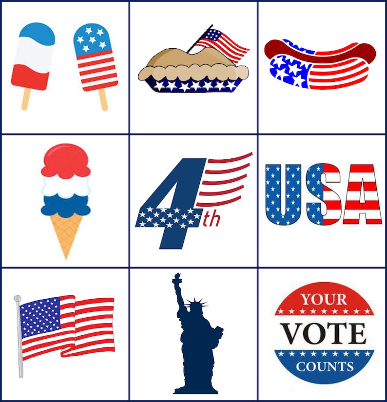 PATRIOTIC BINGO GAME - Includes 16 Different Cards Using 36 Different ...