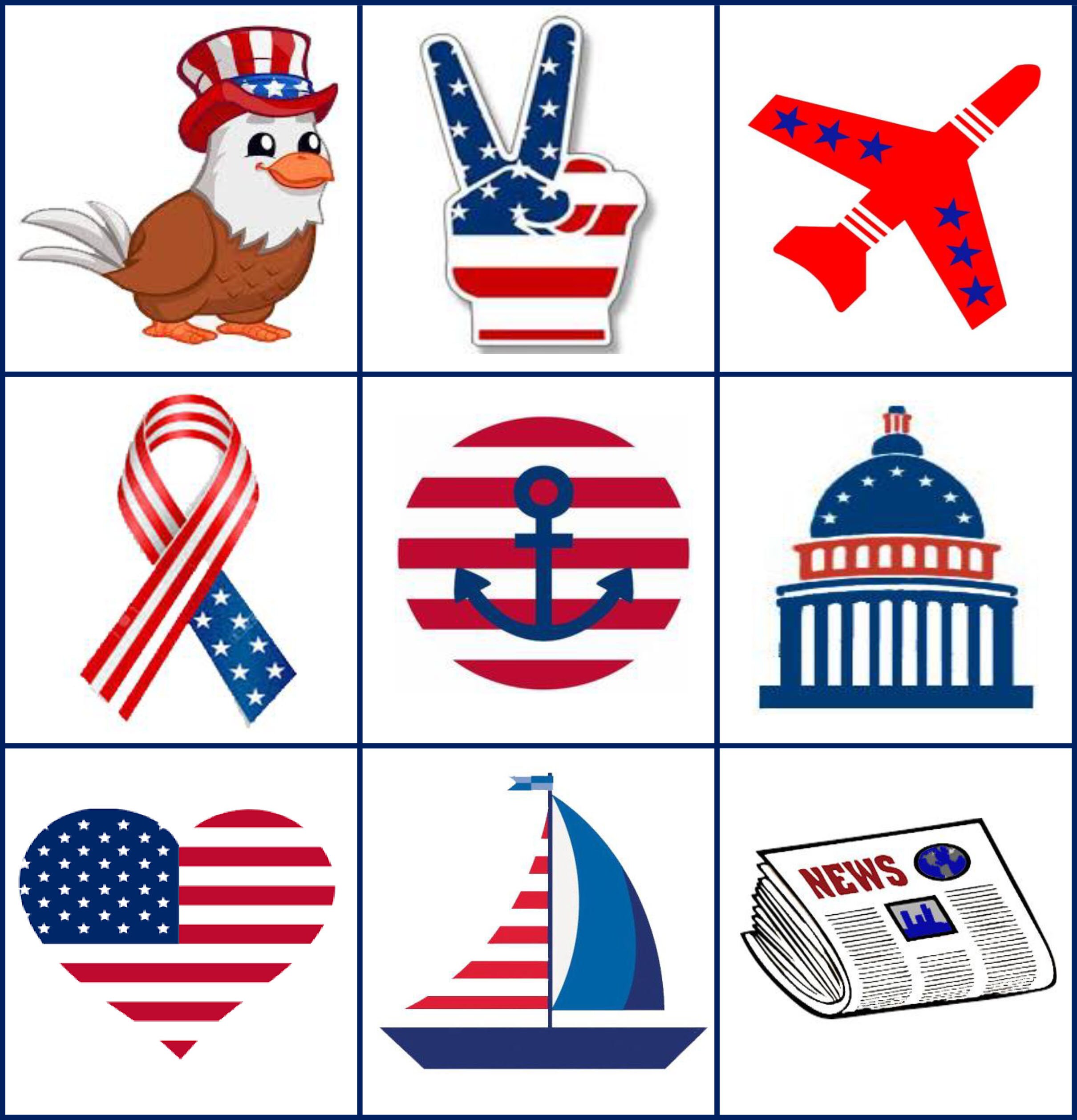 PATRIOTIC BINGO GAME - Includes 16 Different Cards Using 36 Different ...