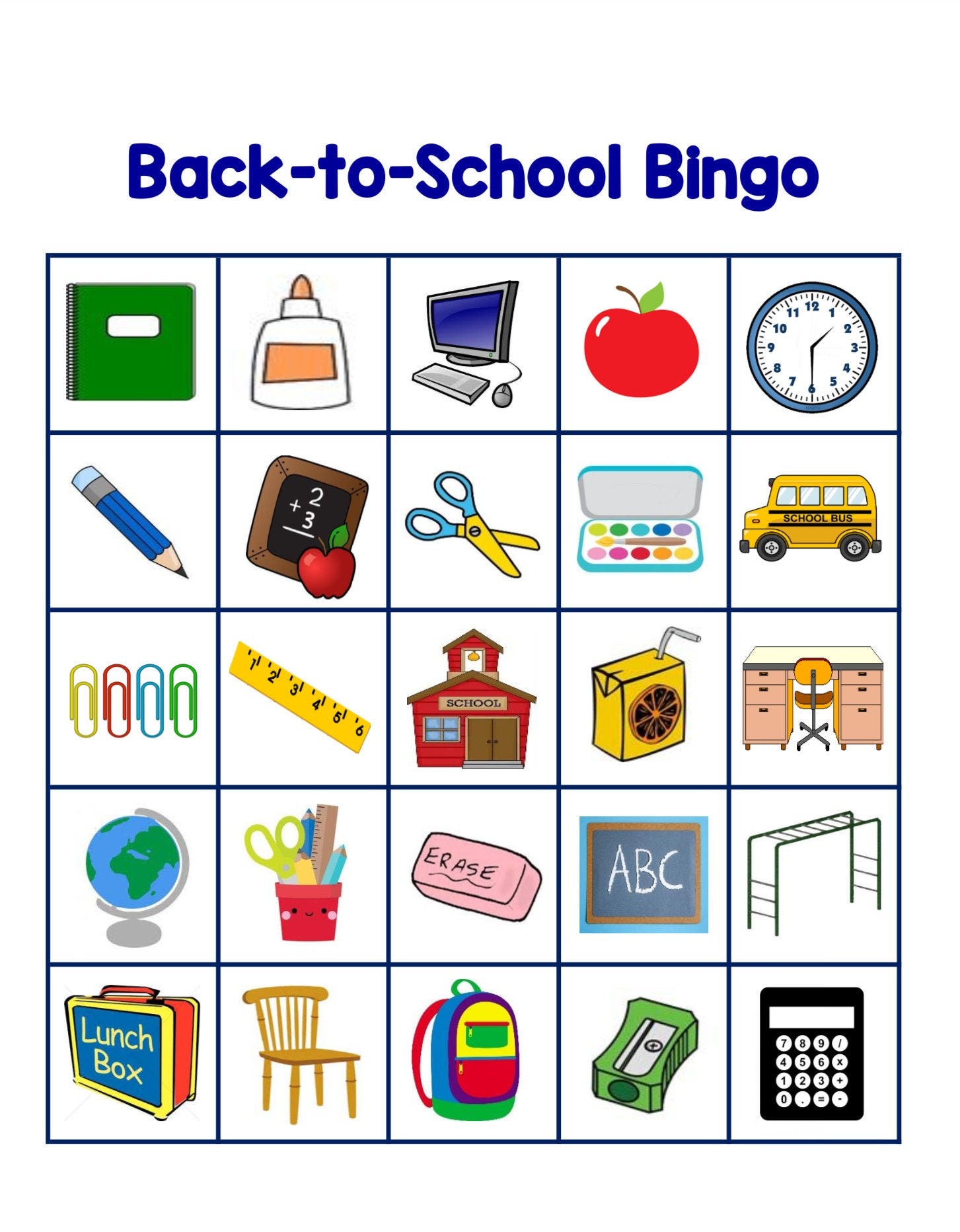 Back-to-school Bingo Cards Includes 16 8.5x11 Cards Using 36 Pictures ...