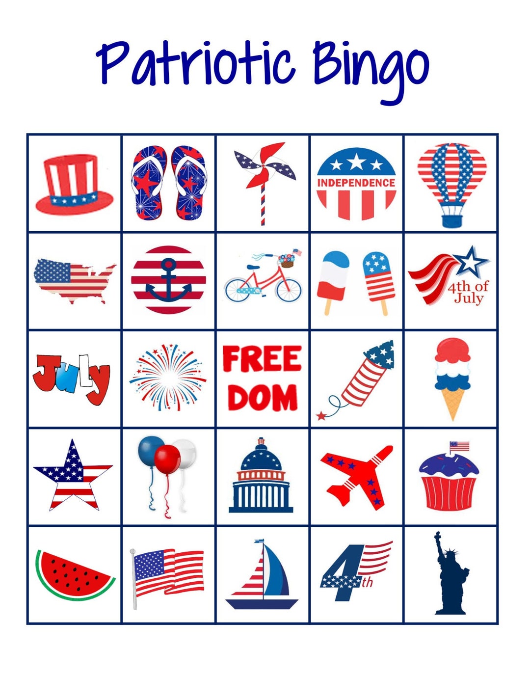 PATRIOTIC BINGO GAME - Includes 16 Different Cards Using 36 Different ...