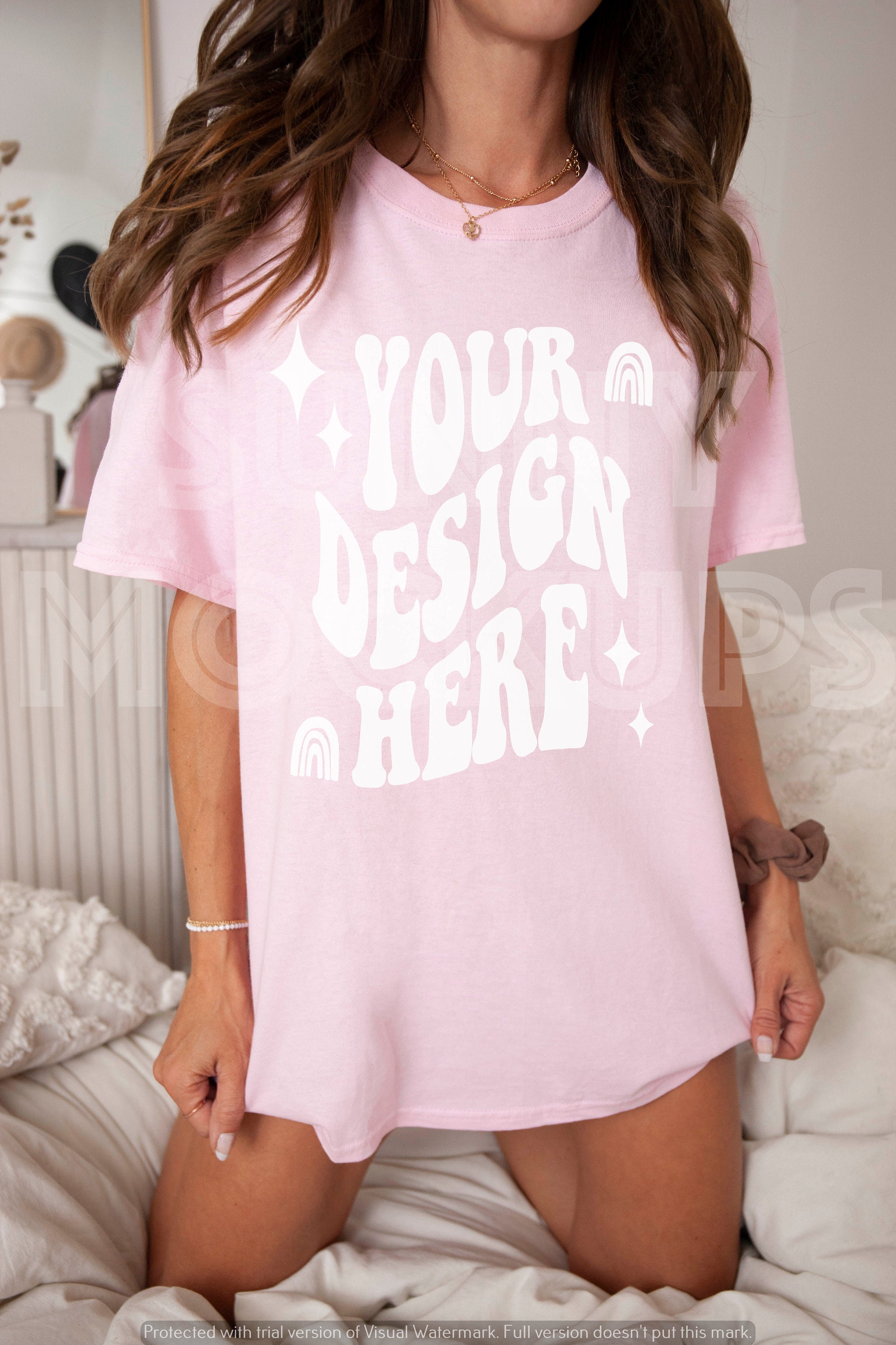 OVERSIZED Pink T-shirt Mockup, GILDAN 5000 Light Pink Real Model Photo ...