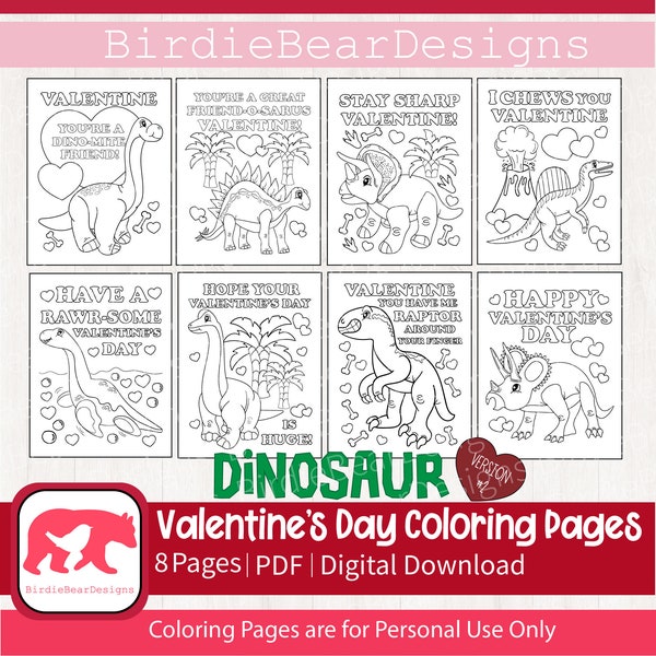 Dinosaur Valentine Coloring Pages - Etsy