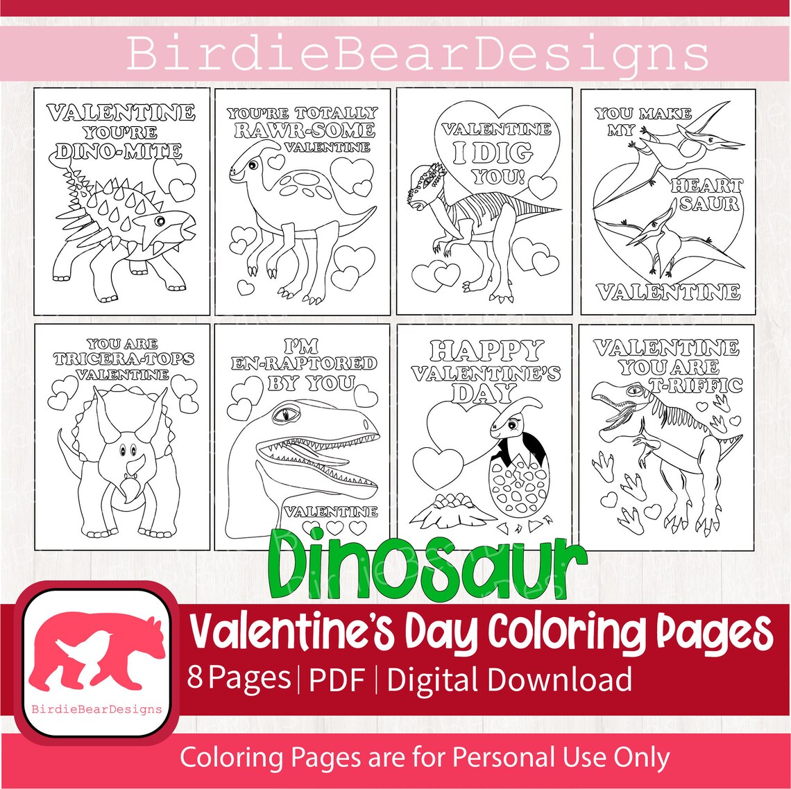 Valentines Coloring Pages Dinosaur Coloring Pages - Etsy