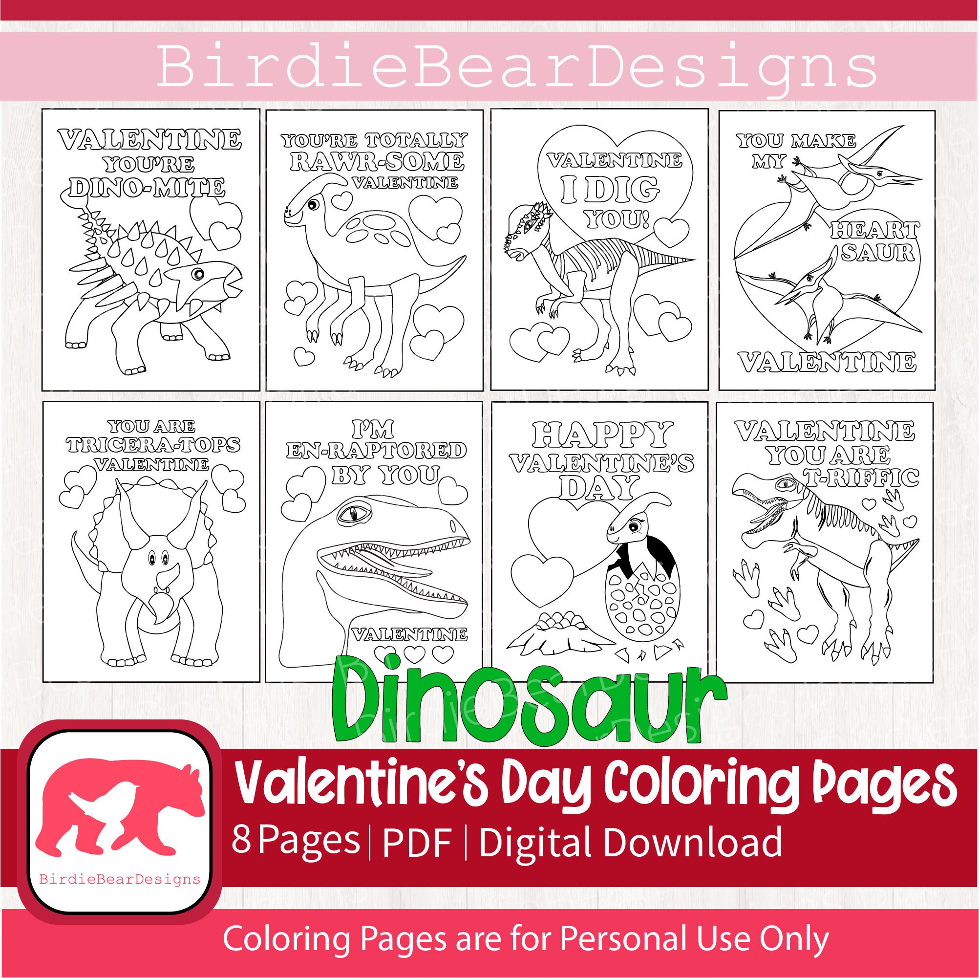 Valentines Coloring Pages Dinosaur Coloring Pages - Etsy
