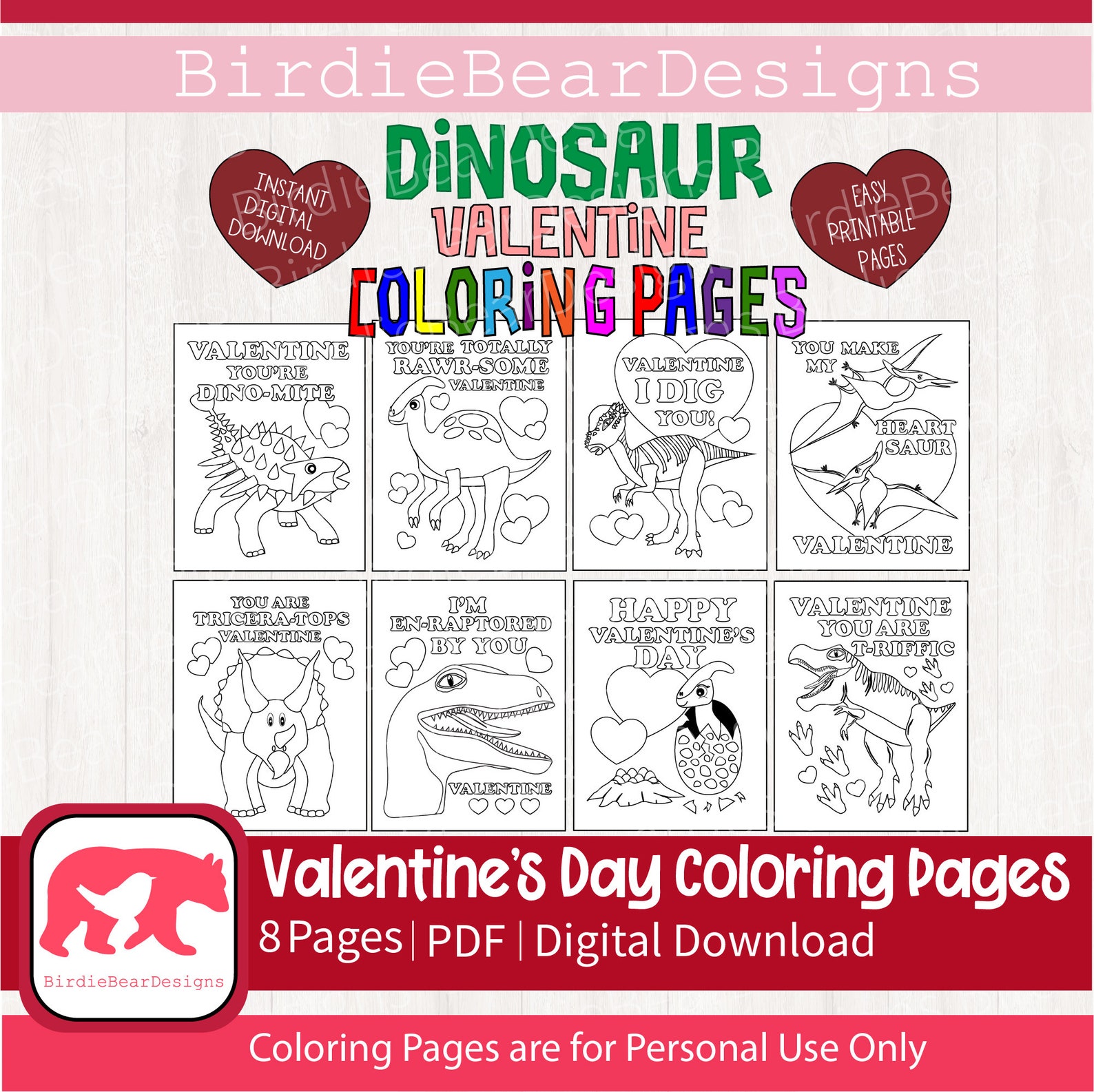 Valentines Coloring Pages Dinosaur Coloring Pages - Etsy