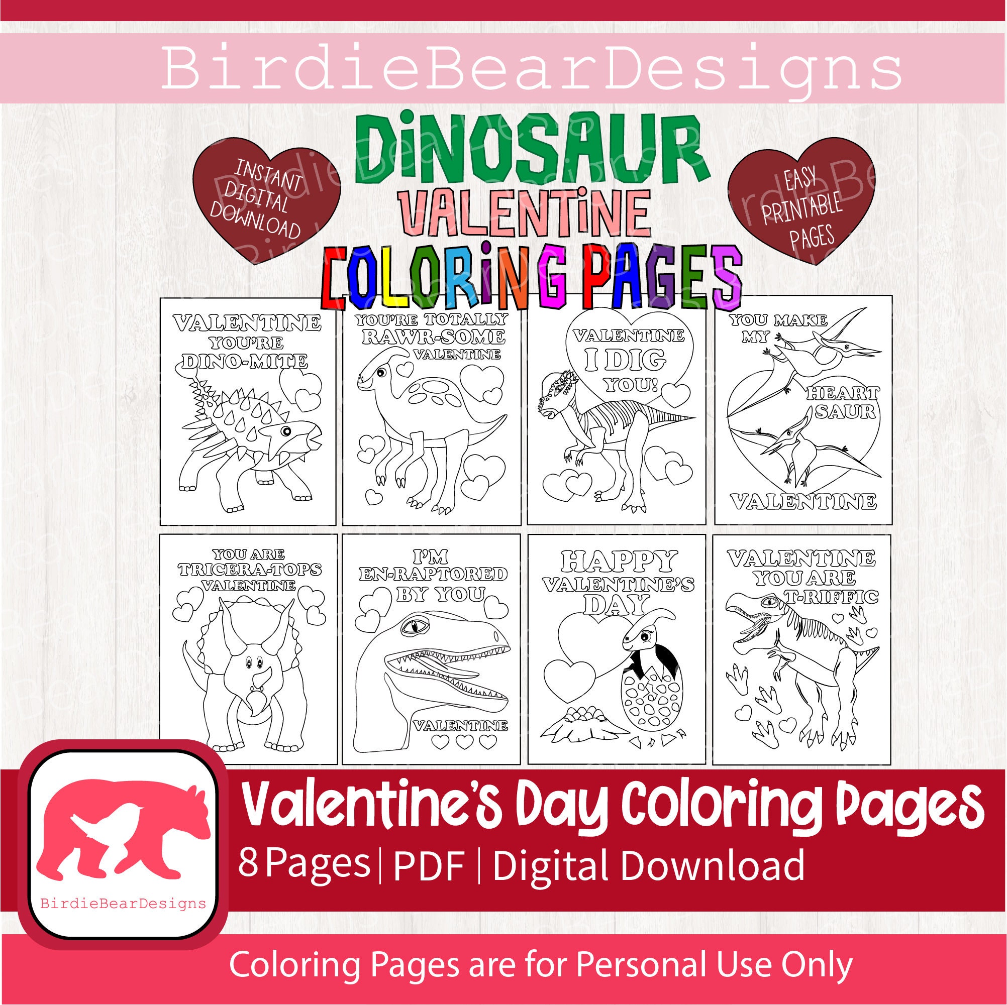 Valentines Coloring Pages Dinosaur Coloring Pages - Etsy