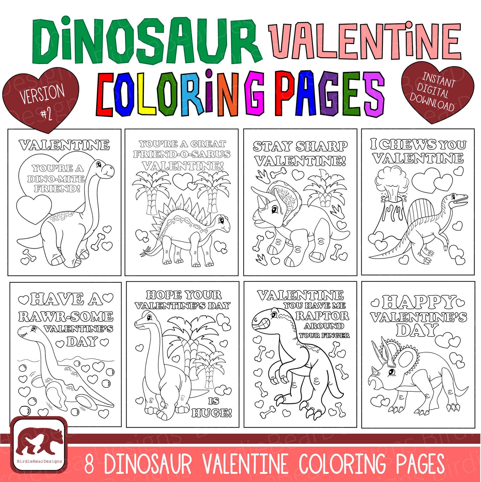 Valentines Coloring Pages Dinosaur Coloring Pages - Etsy