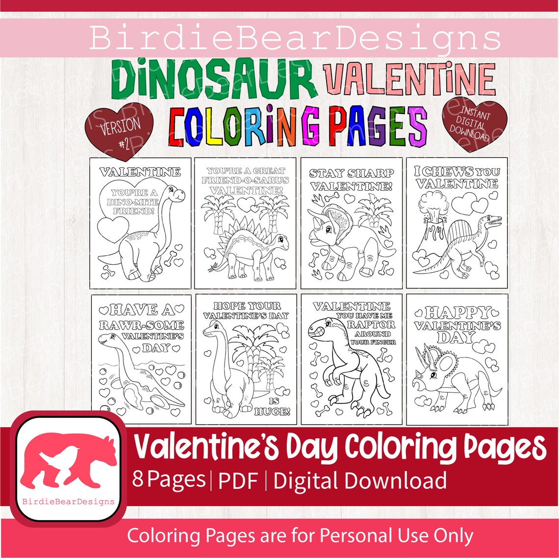 Valentines Coloring Pages Dinosaur Coloring Pages | Etsy