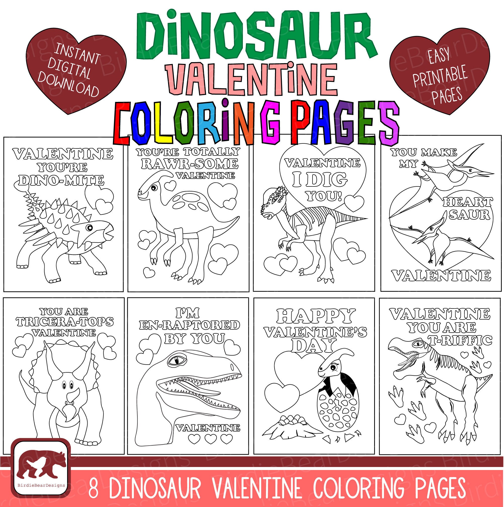 Valentines Coloring Pages Dinosaur Coloring Pages - Etsy