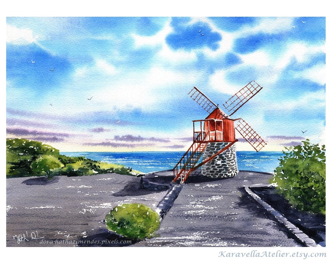 Original Azores Pico Windmill Portugal Painting, Handmade Watercolor ...