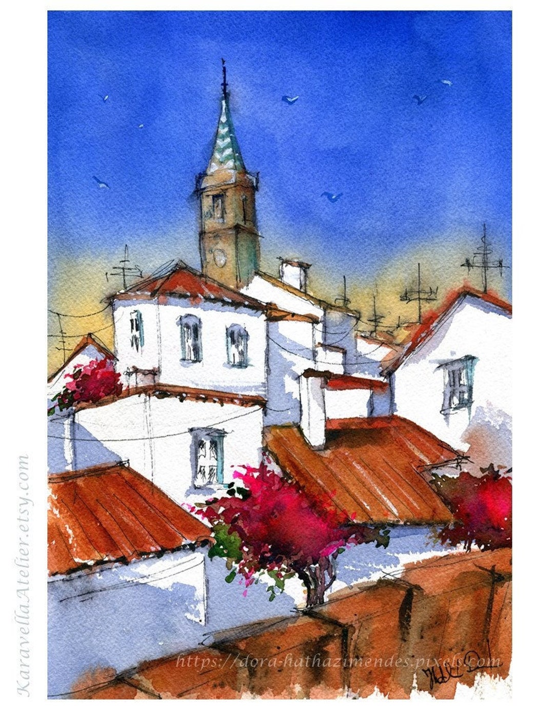 Andalusian Village in Spain: Original Handmade Watercolor Painting ...