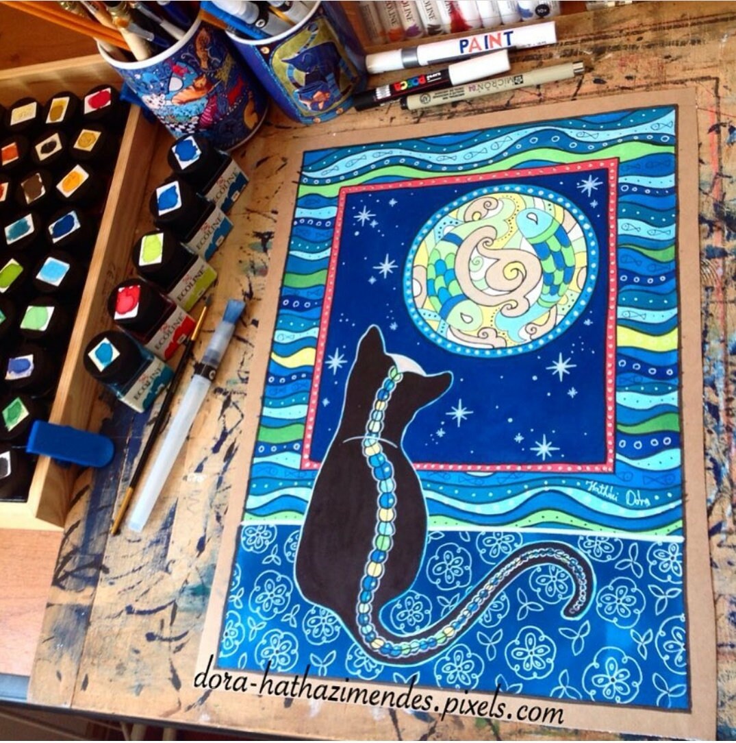 Original Pisces Cat Zodiac Painting: Handmade Black Cat & Moon Art - Etsy
