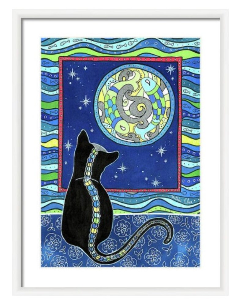 Original Pisces Cat Zodiac Painting: Handmade Black Cat & Moon Art - Etsy