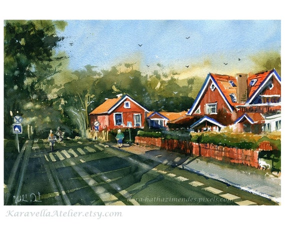 Watercolor Original handmade watercolor street scene. Painting Art ...
