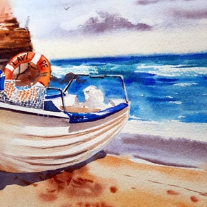 Original Portugal Painting, Boat on Shore, Handmade Watercolor, Porto ...