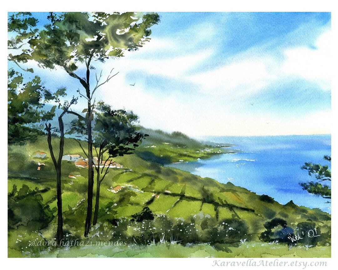 Original Azores Portugal Painting, Pico Island, Handmade Watercolor ...
