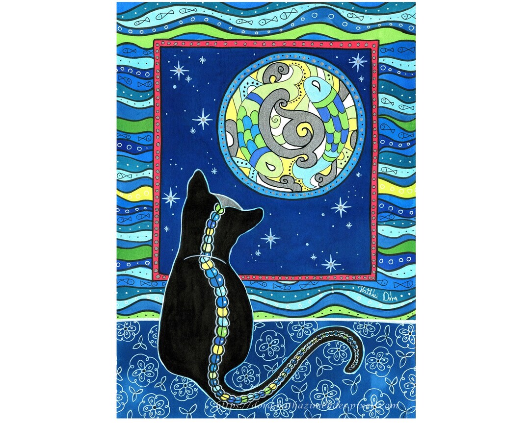 Original Pisces Cat Zodiac Painting: Handmade Black Cat & Moon Art - Etsy