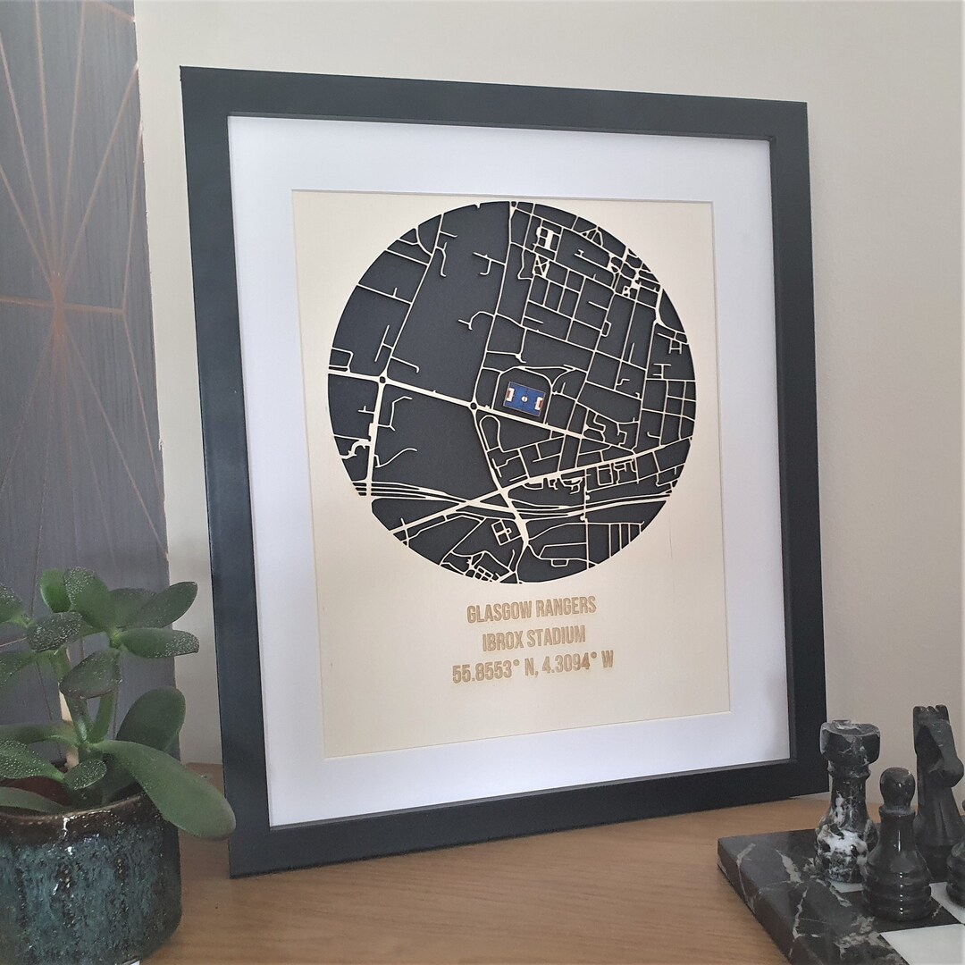 Wooden Ibrox Map Glasgow Rangers FC Map Wood Cut Football Stadium Maps ...