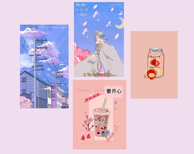 Mini Cute Prints, Mini Wall Art Prints, Kawaii Art, Mini Art Print Set ...