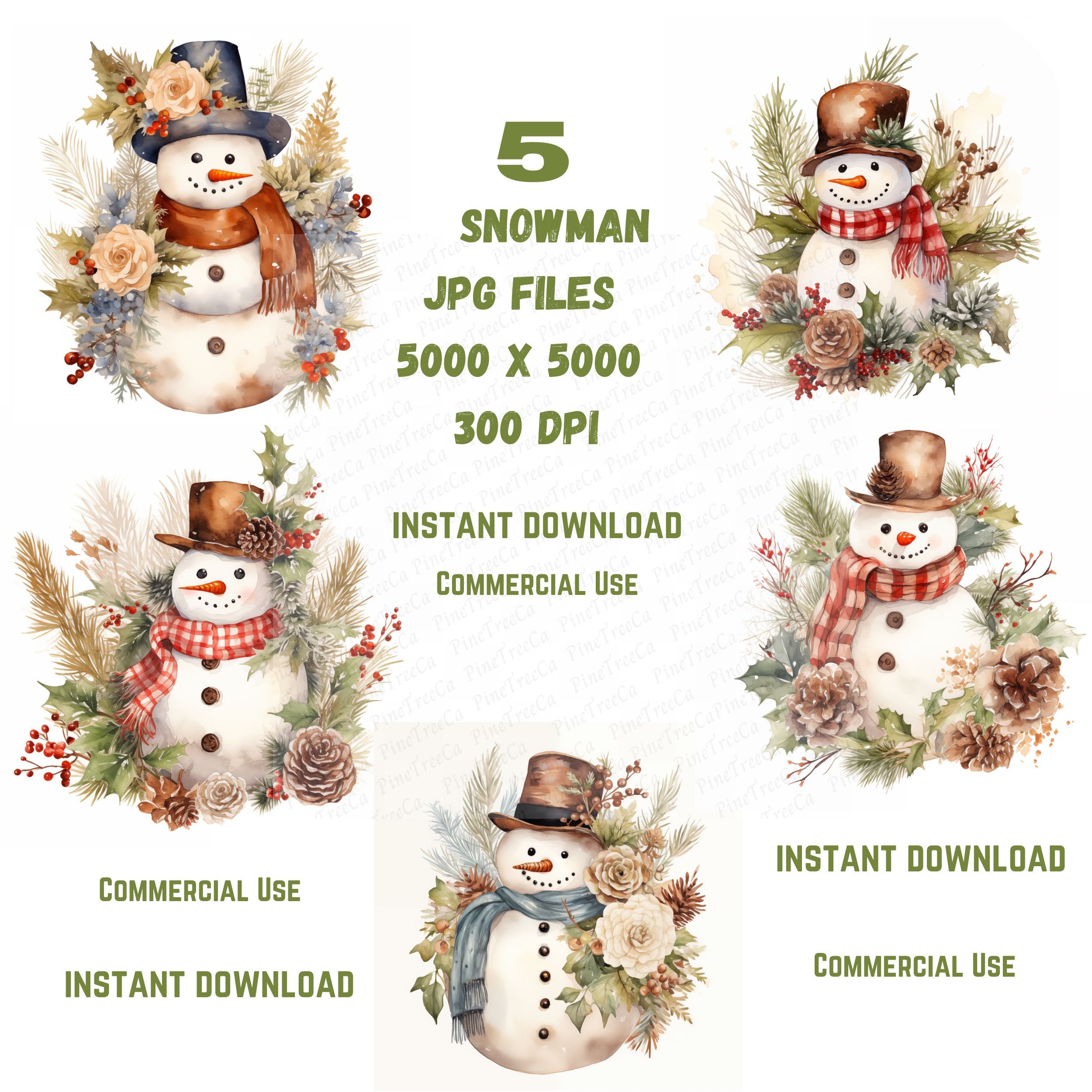 Vintage Snowman Clipart Bundle 5 High Quality Watercolor Jpgs,winter ...