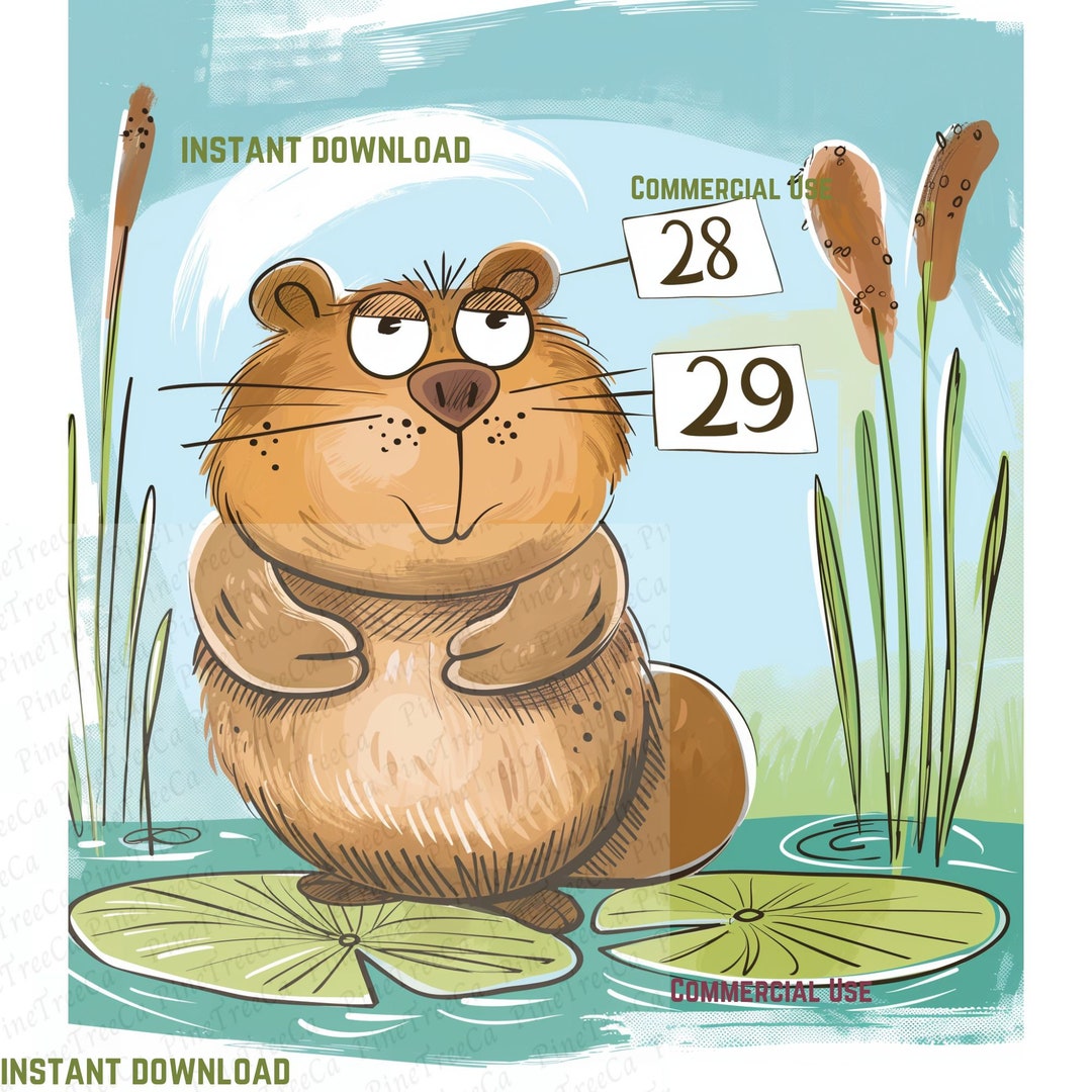 Leap Year Beaver Illustration digital Download, Whimsical Pond Scene ...