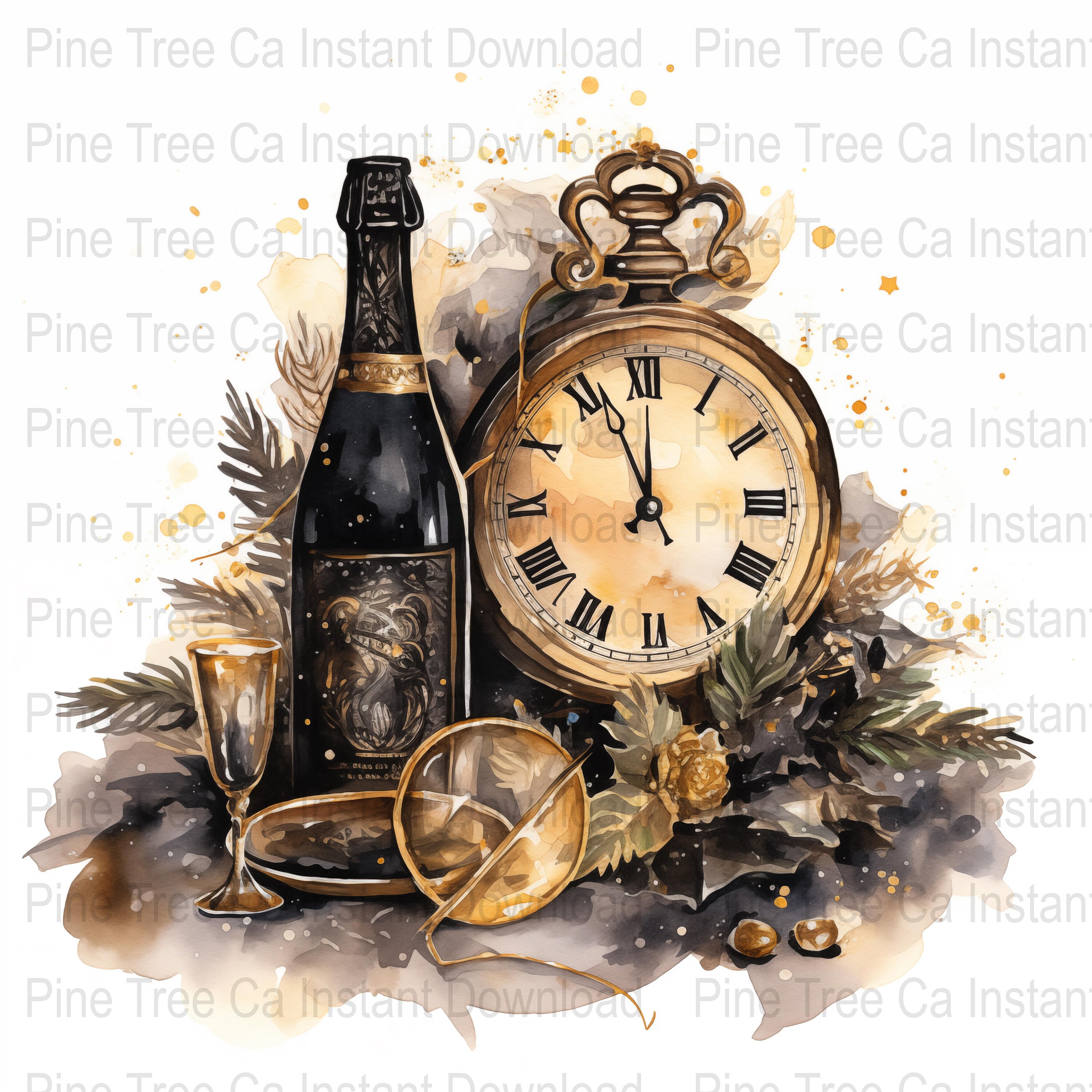 Watercolor New Year Clipart Gold Black Champagne Mask Clock Feather ...