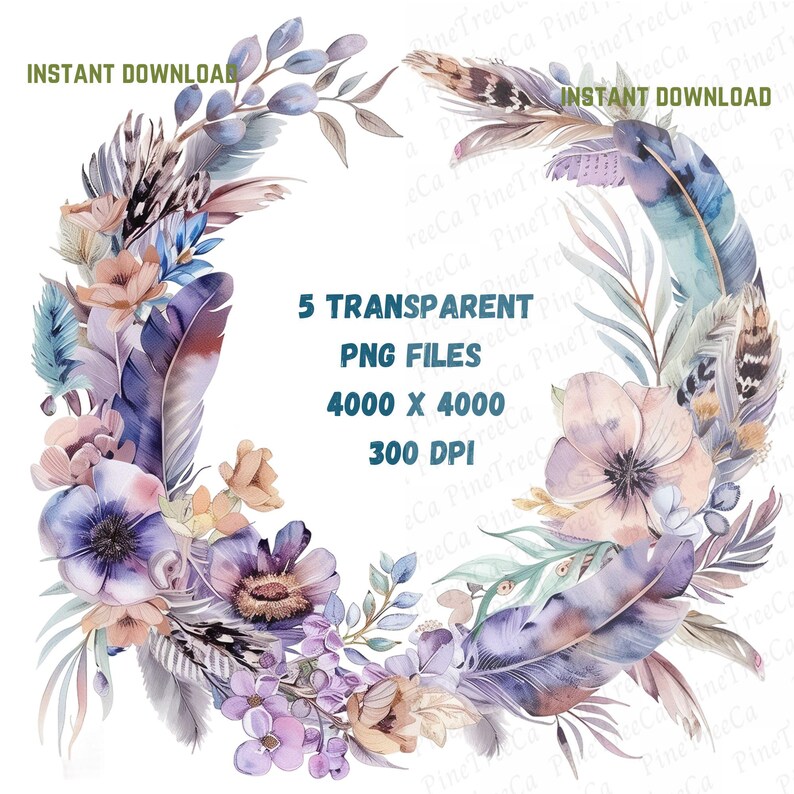 Boho Floral Feather Wreath Clipart 5 Transparent PNG - Flowers Feather ...