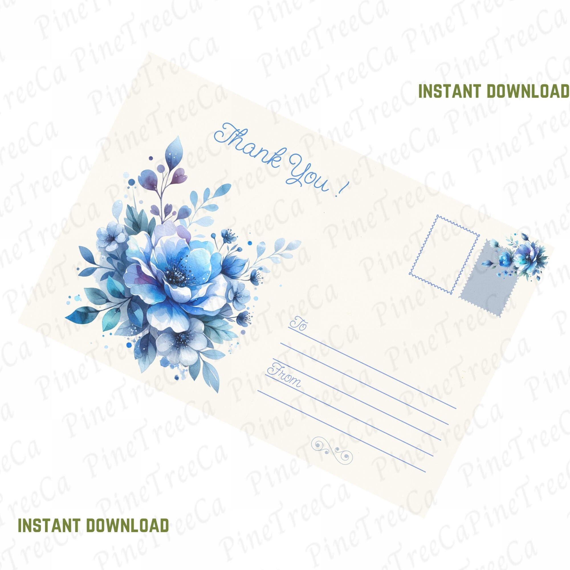 Blue Floral Thank You Card Digital Download, 1500x1000 Px, 5x3.33 In ...