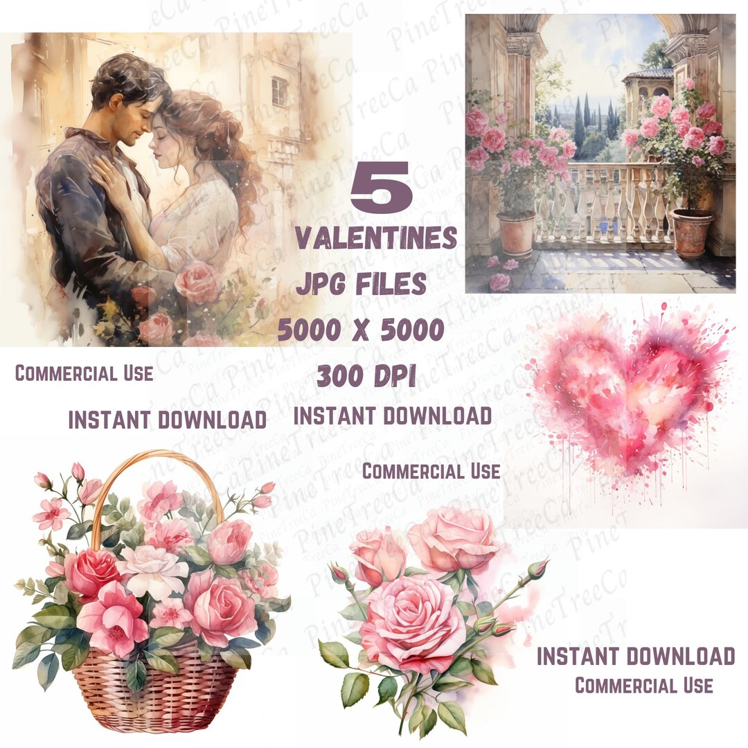 Watercolor Valentines Day Clipart 5 Jpgs High Quality Instant Download ...
