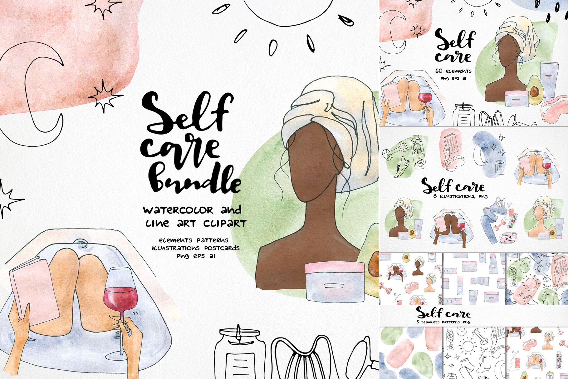 Self care clipart Watercolor afro girl digital paper fashion | Etsy