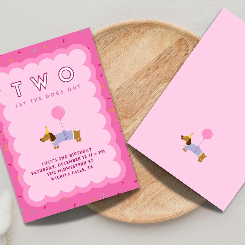 Two Let the Dogs Out Editable 2nd Birthday Invitation | Pink Puppy ...