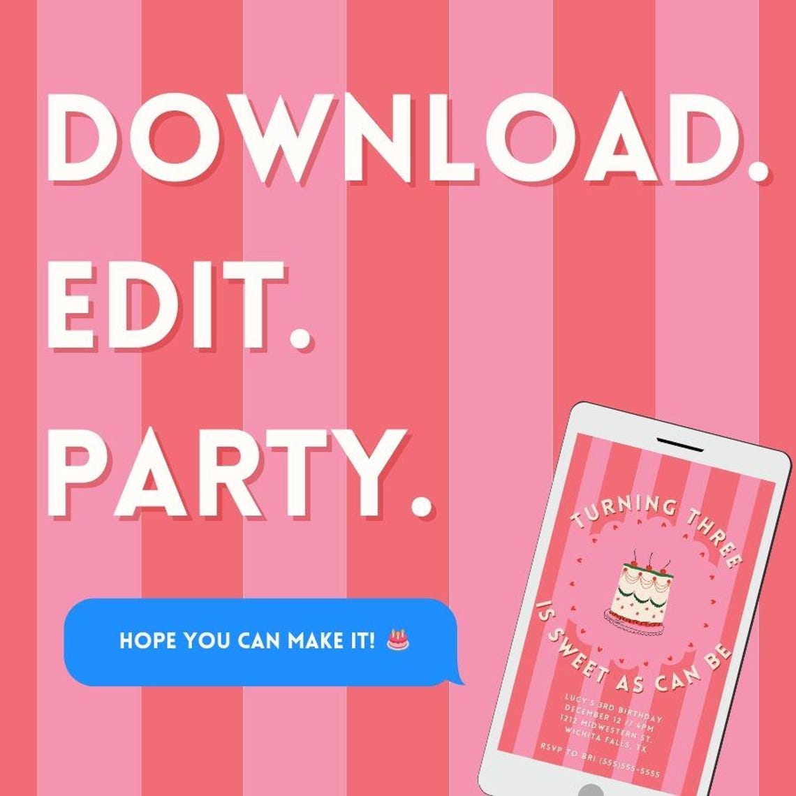 Turning Three is as Sweet as Can Be - Birthday Invitation Template for ...
