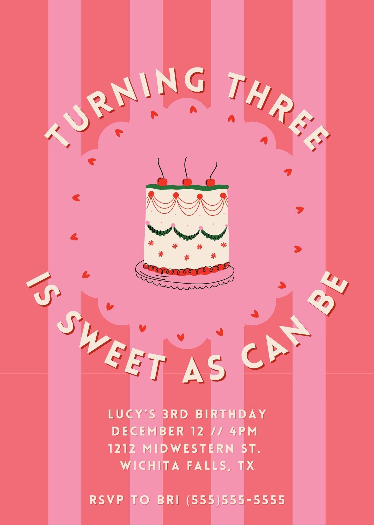 Turning Three is as Sweet as Can Be - Birthday Invitation Template for ...