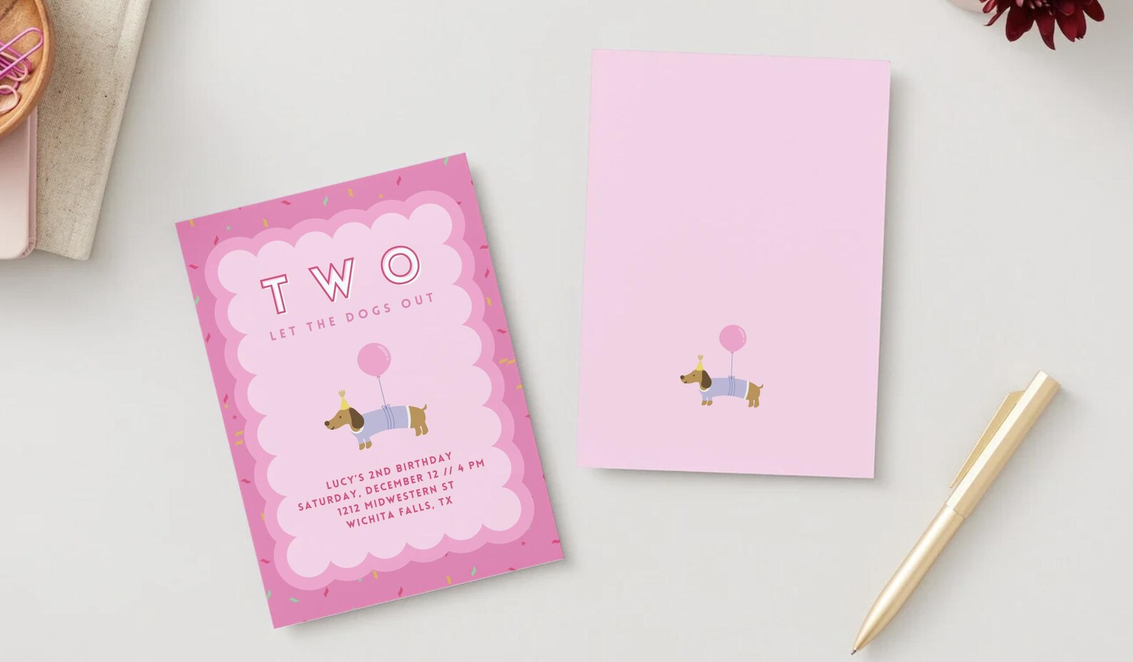 Two Let the Dogs Out Editable 2nd Birthday Invitation | Pink Puppy ...