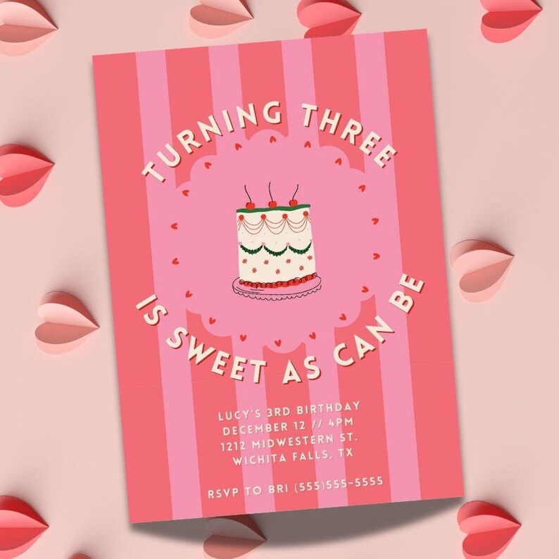 Turning Three is as Sweet as Can Be - Birthday Invitation Template for ...