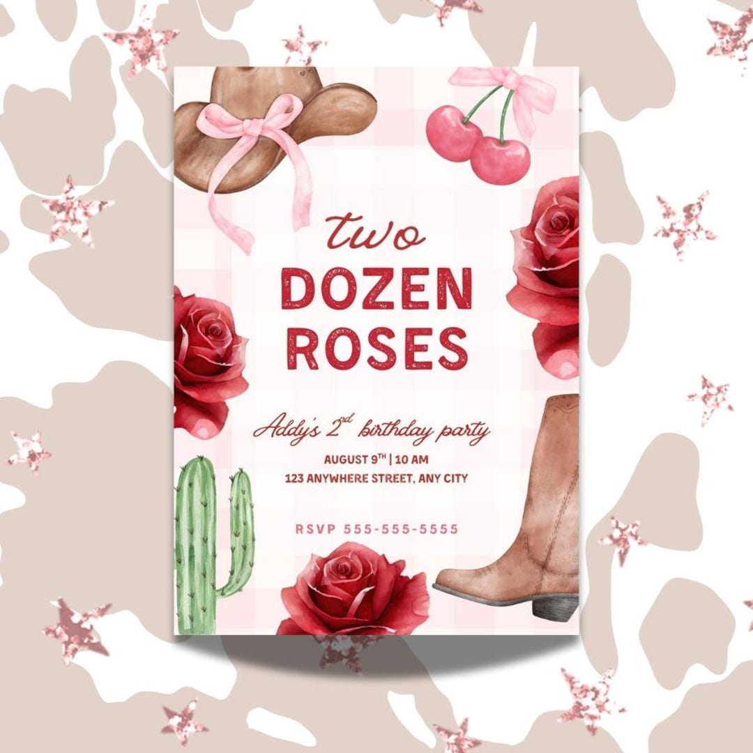 Two Dozen Roses 2nd Birthday Invitation: Pink Floral Western Theme ...