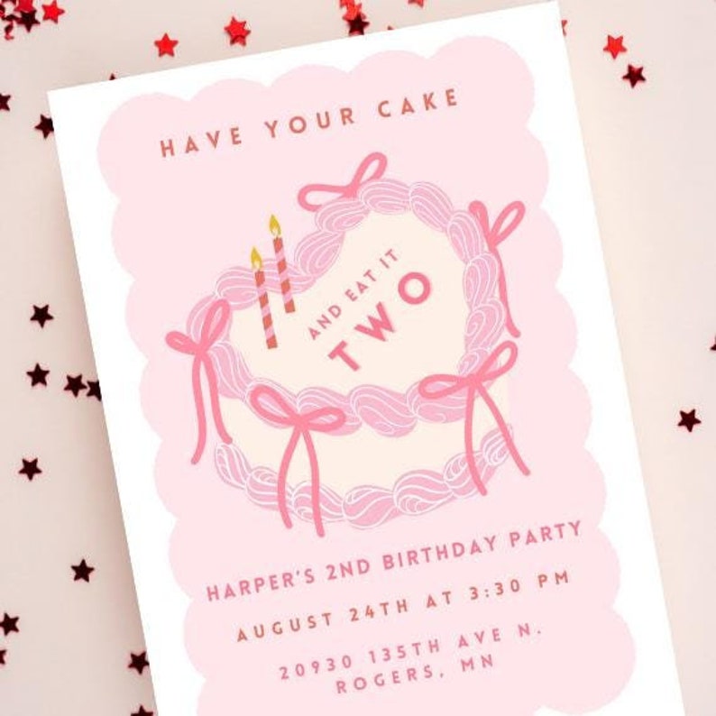 Have Your Cake & Eat It TWO, Second Birthday Invitation Template for Girls Cute, Pink, Heart ...