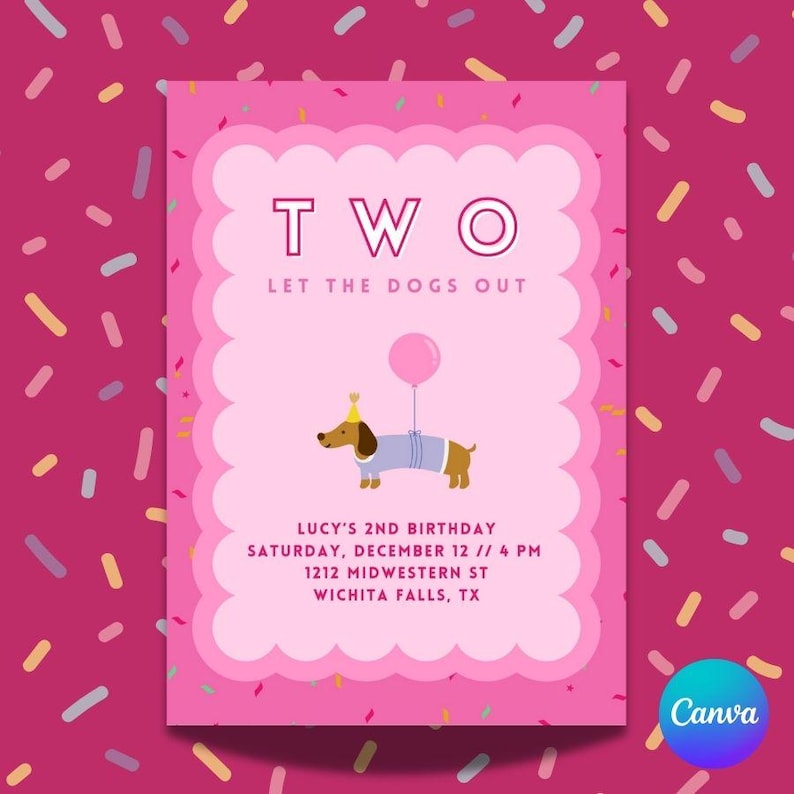 Two Let the Dogs Out Editable 2nd Birthday Invitation | Pink Puppy ...