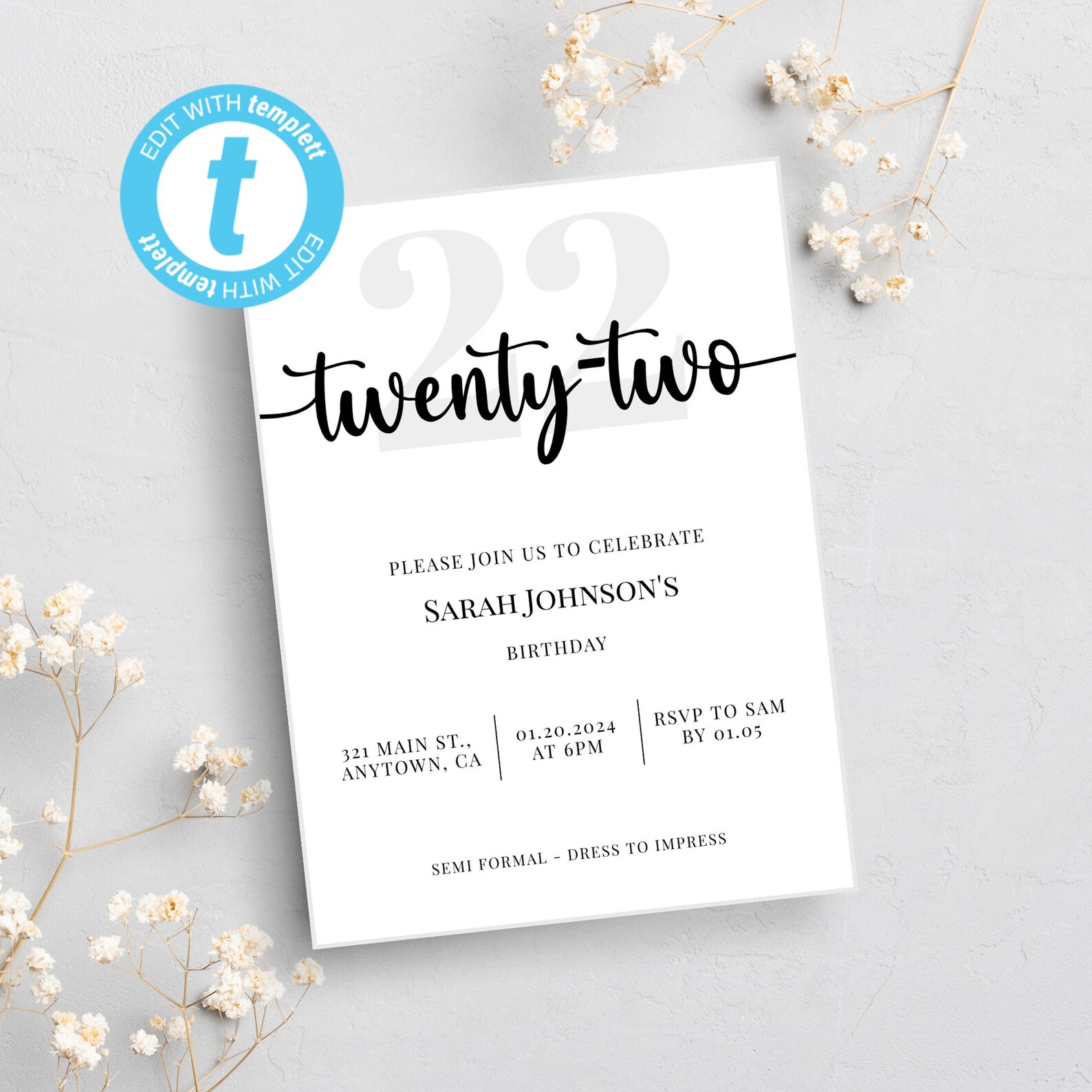 22nd Birthday Invitation Template | 22 Birthday Celebration | Simple ...