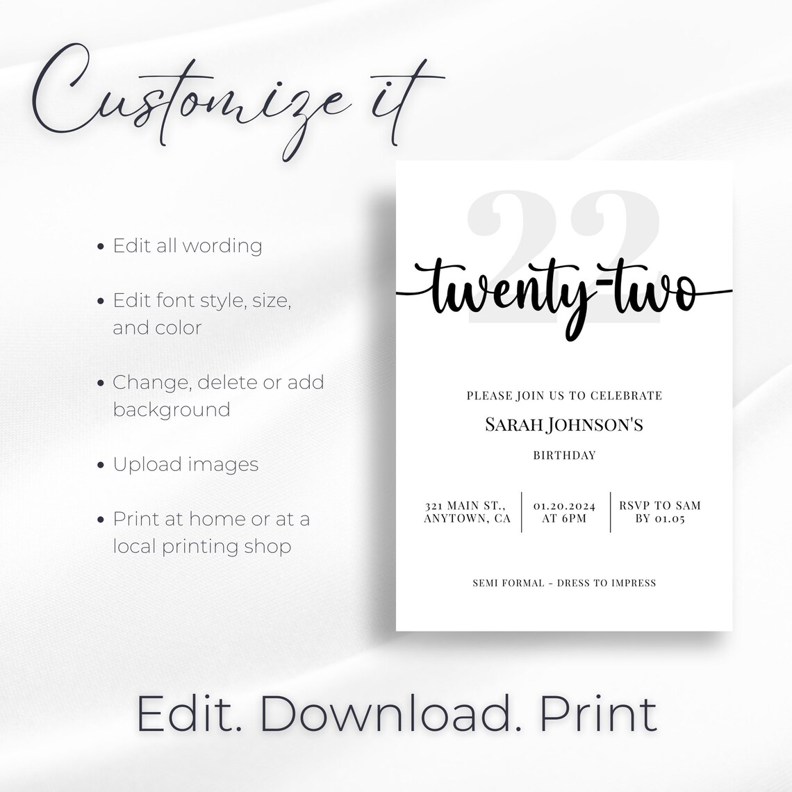 22nd Birthday Invitation Template | 22 Birthday Celebration | Simple ...