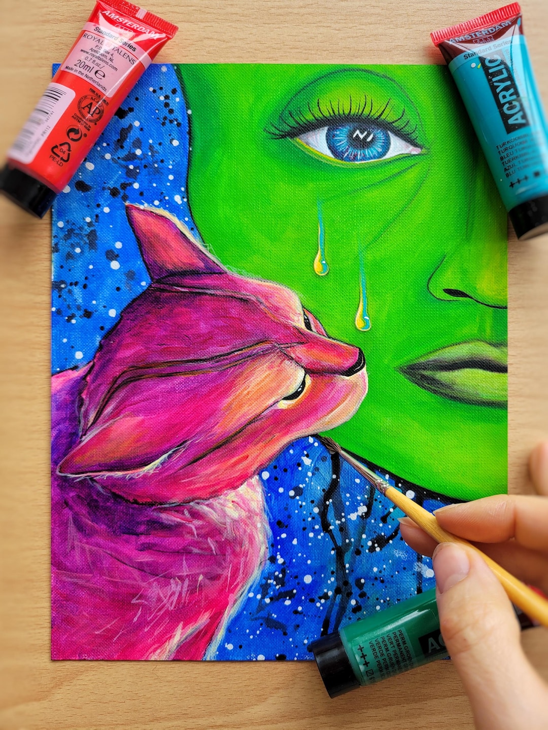 Cat-woman Portrait – Surreal Crying Girl Painting, ORIGINAL Lowbrow Pop ...