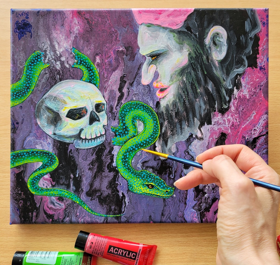 ORIGINAL Skull & Snake Painting, Gothic Dark Surreal Art, Acrylic Death ...
