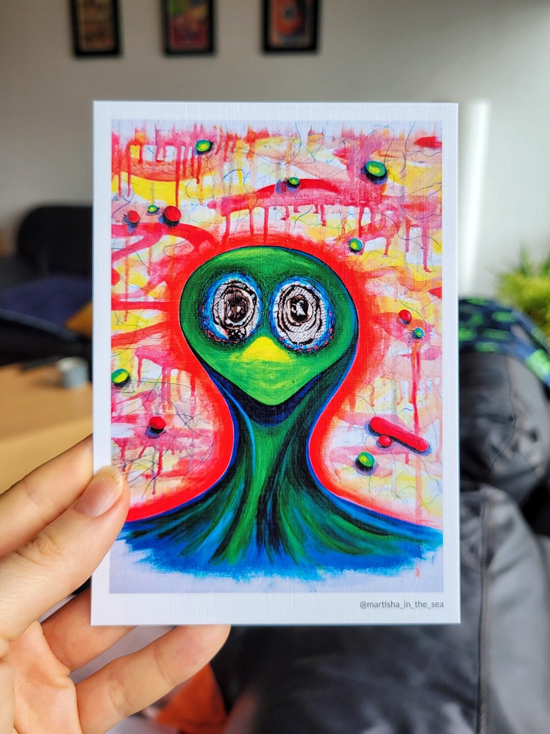 Alien Art Creepy Portrait Painting UFO Postcard Eyes Lowbrow Print Pop ...