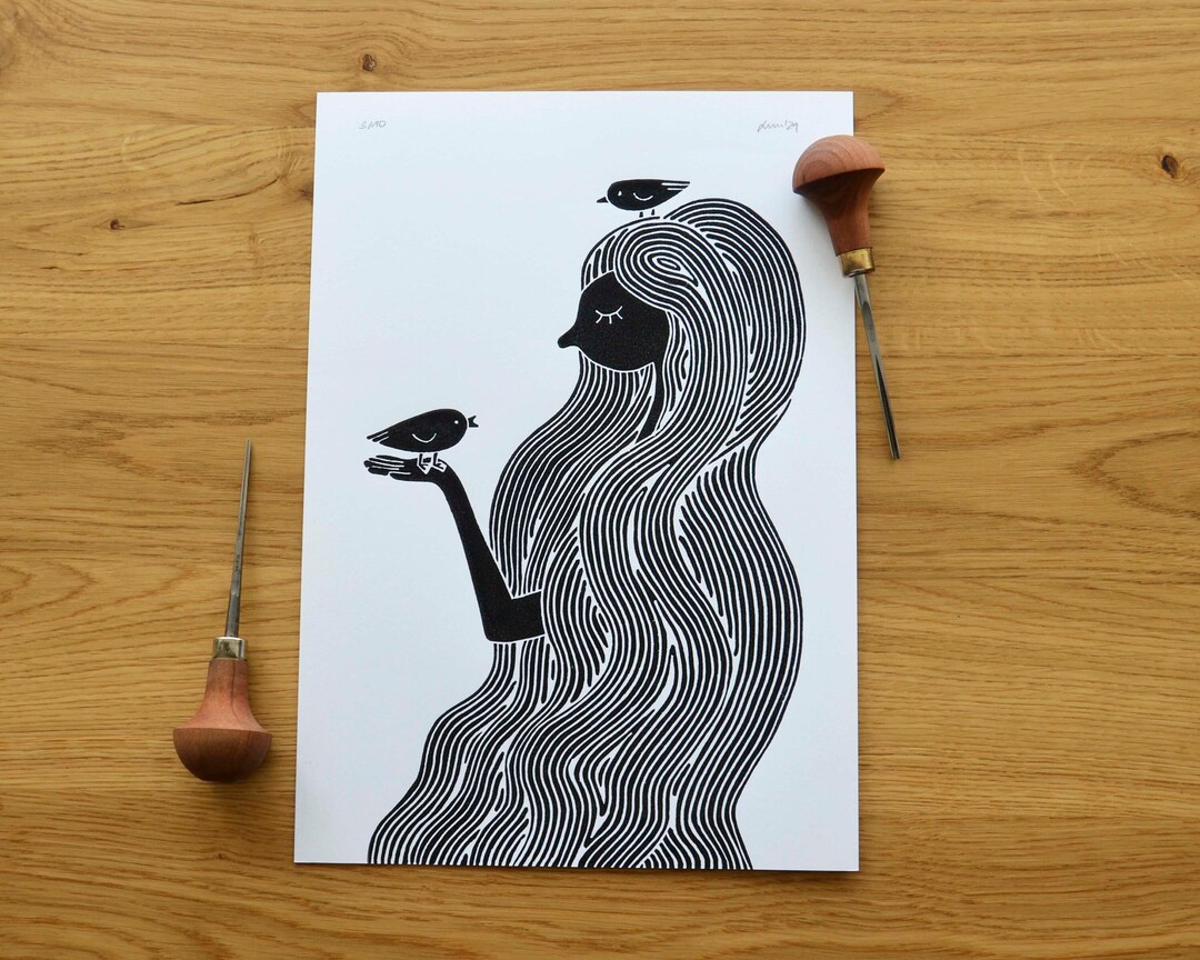 Bird Woman · Original Linocut Print · DIN A4 · Black - Etsy