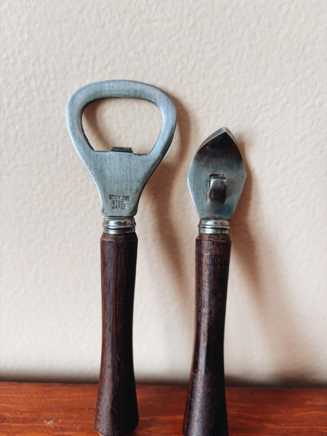 Vintage Wooden Handle Bottle & Can Opener Set – Stainless Steel, Mid ...