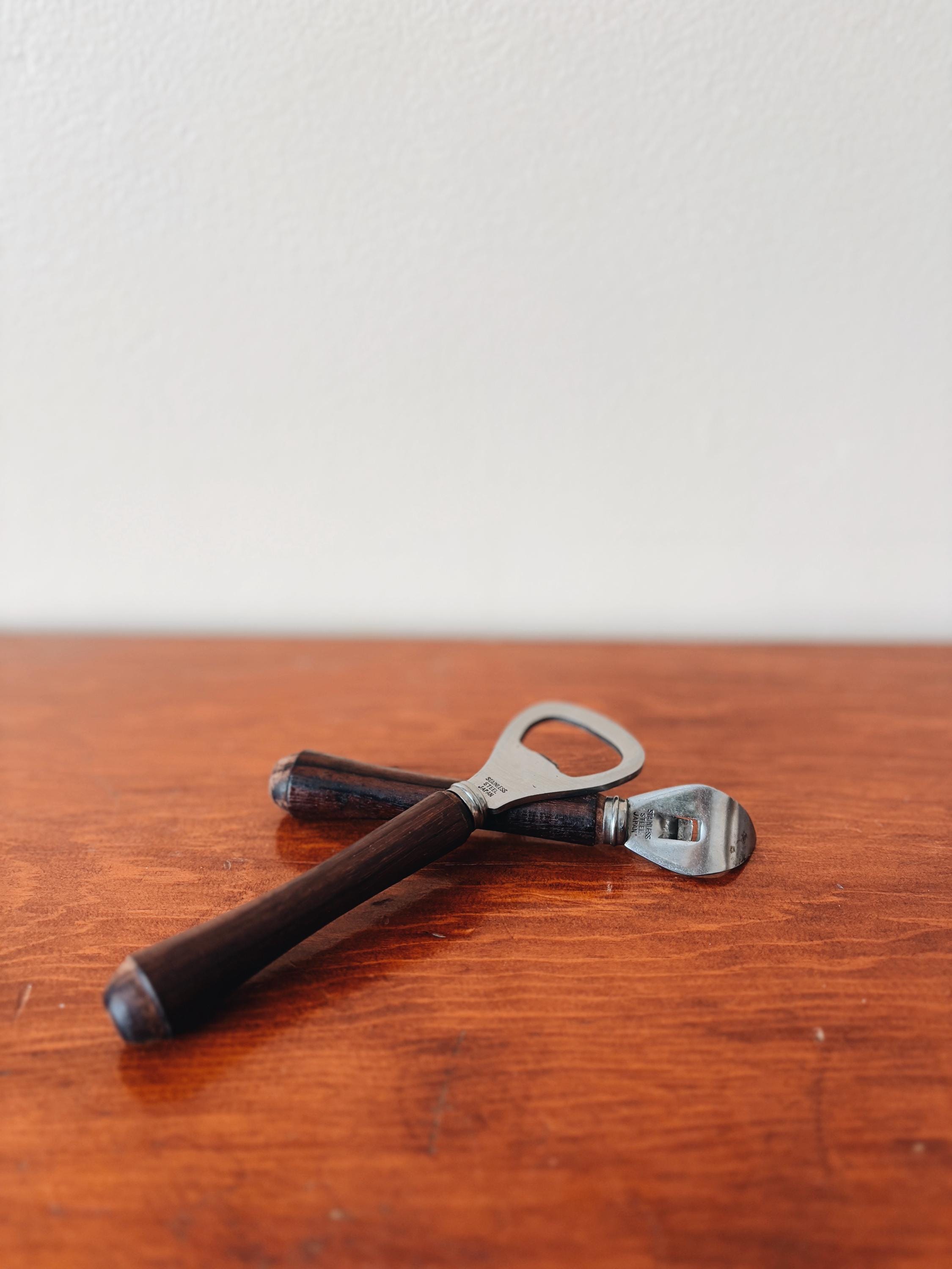 Vintage Wooden Handle Bottle & Can Opener Set – Stainless Steel, Mid ...
