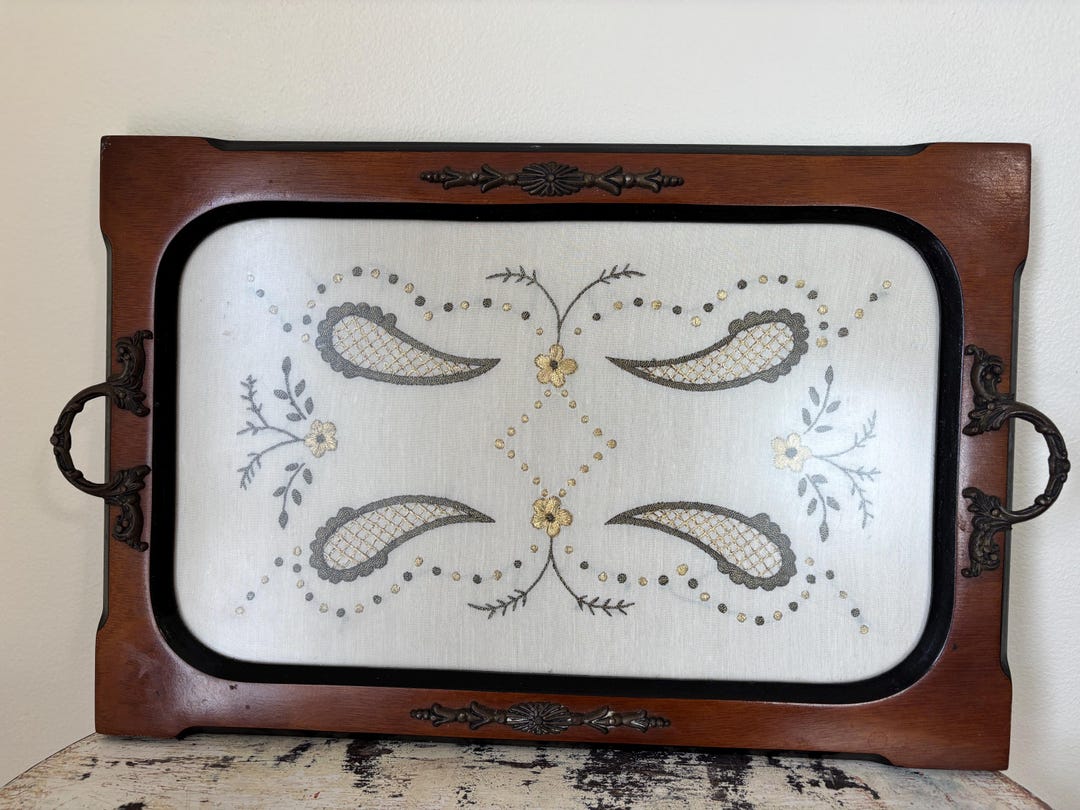Handmade Mahogany Tray With Lefkara Lace Embroidery & Brass Handles ...