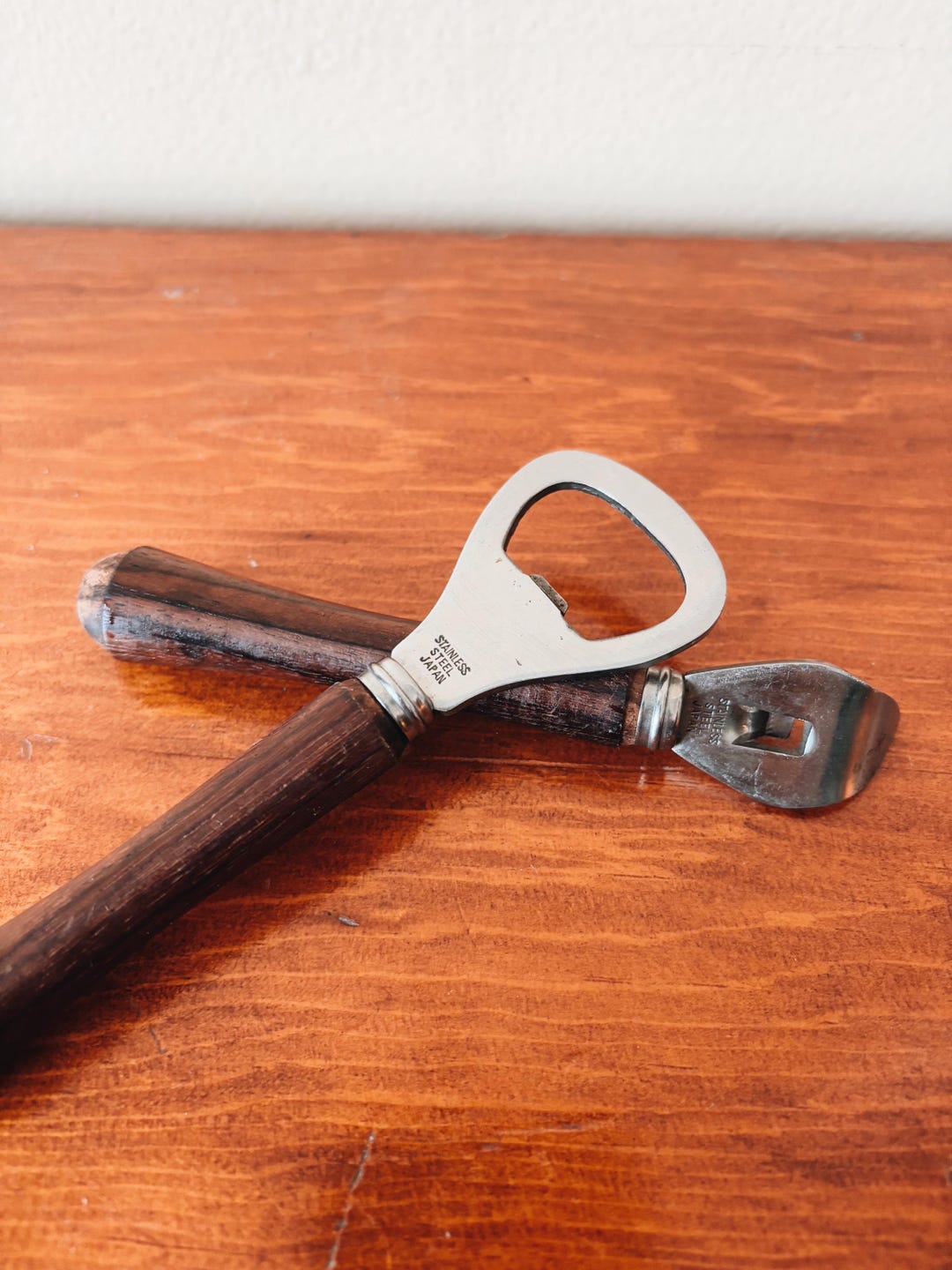 Vintage Wooden Handle Bottle & Can Opener Set – Stainless Steel, Mid ...